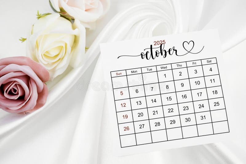 October 2025 Calendar Page and Rose Flower on White Satin Textile Stock ...