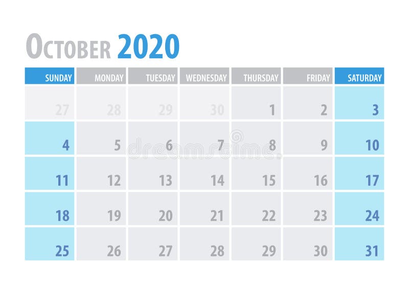 October. Calendar Planner 2020 in Clean Minimal Table Simple Style ...