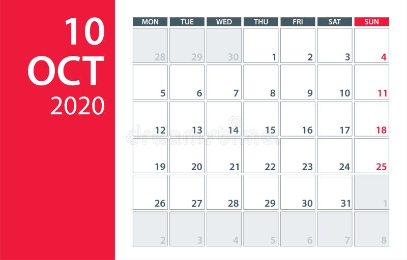 October 2020 Calendar Planner - Vector Illustration. Template. Mock Up ...
