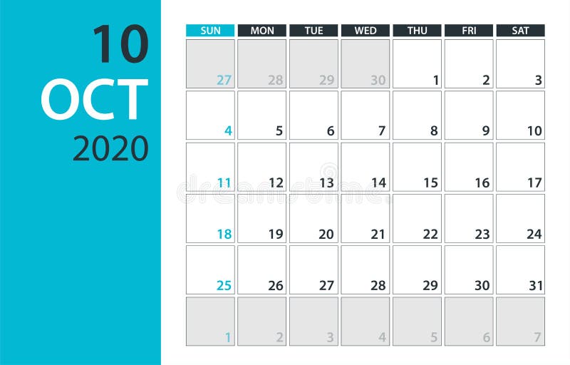 October 2020 Calendar Planner - Vector Illustration. Template. Mock Up ...