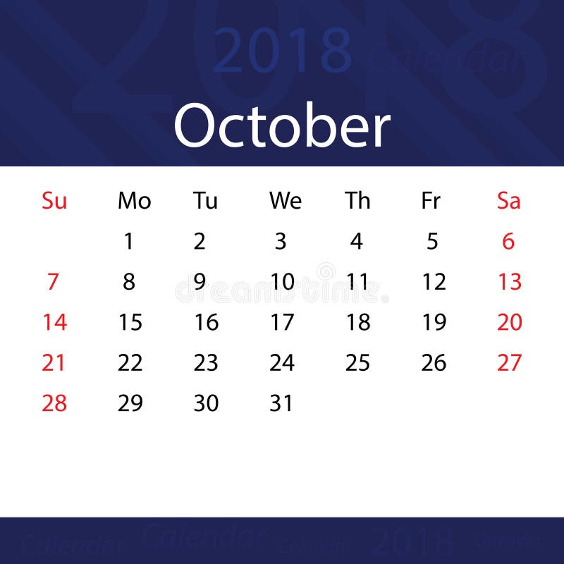 October 2018 Calendar Popular Blue Premium for Business Stock Vector ...