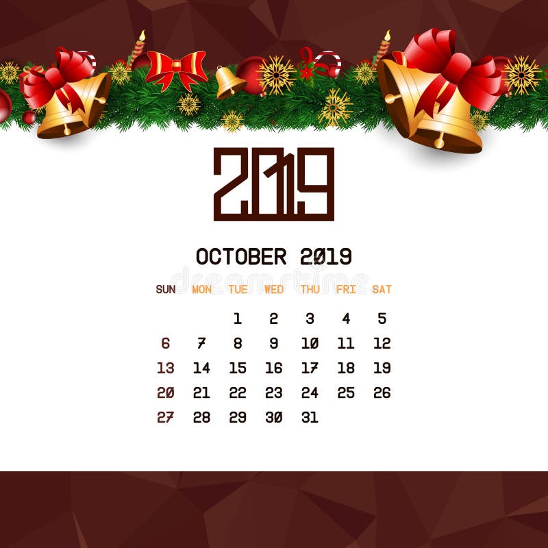 2019 October Calendar Template. Merry Christmas and Happy New Year Red ...