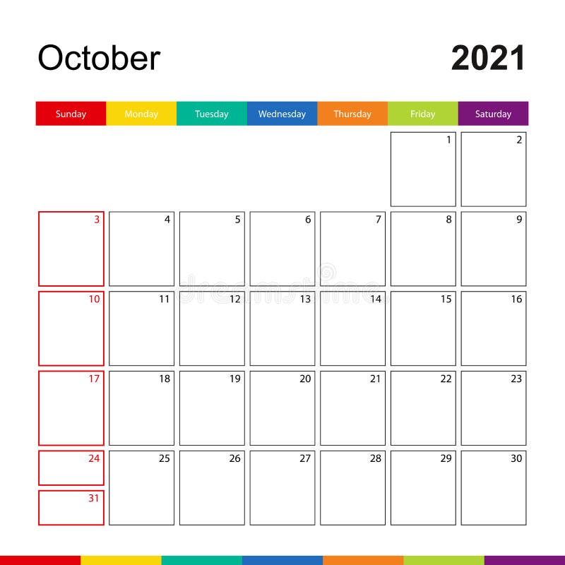 October 2021 Colorful Wall Calendar, Week Starts on Sunday Stock Vector ...