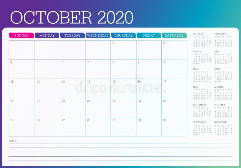 October 2020 Colorful Wall Calendar, Week Starts on Sunday Stock Vector ...