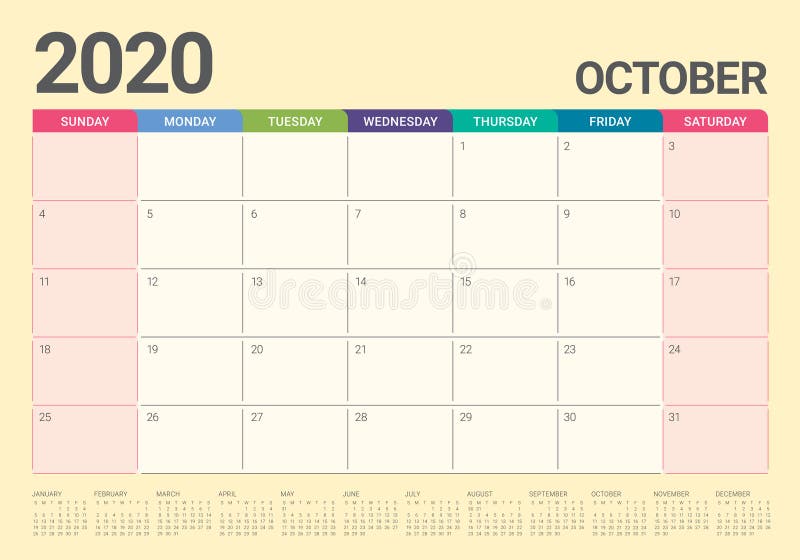 October 2020 Colorful Wall Calendar, Week Starts on Sunday Stock Vector ...