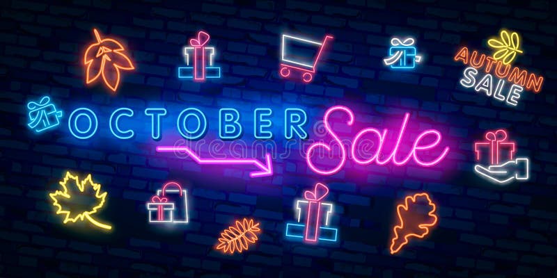 Neon Symbol for October : Month Name with Colorful Elements : Vector ...