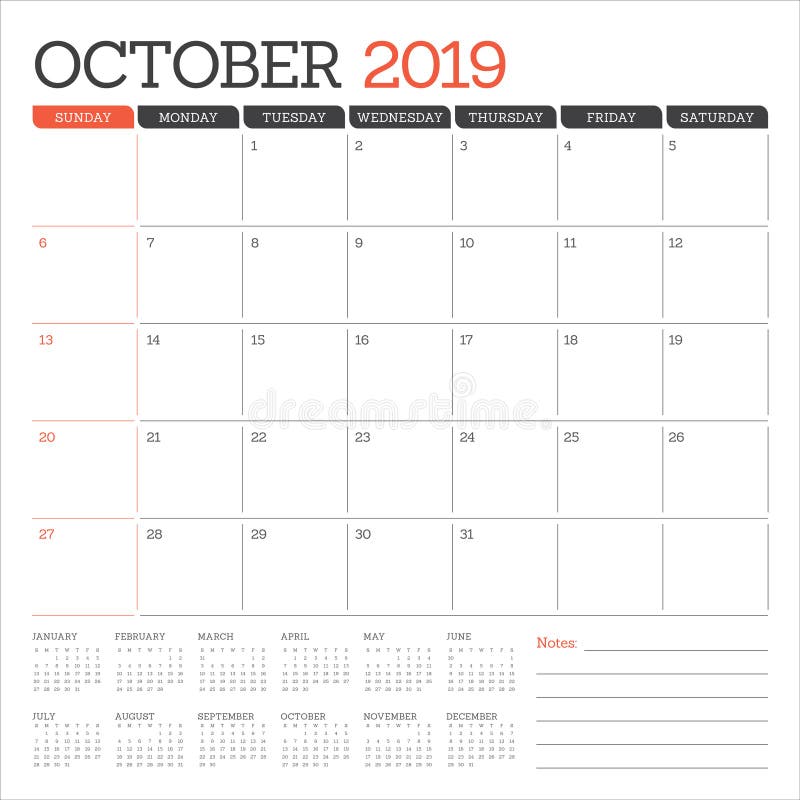 October 2019 Monthly Calendar Vector Illustration Stock Vector ...