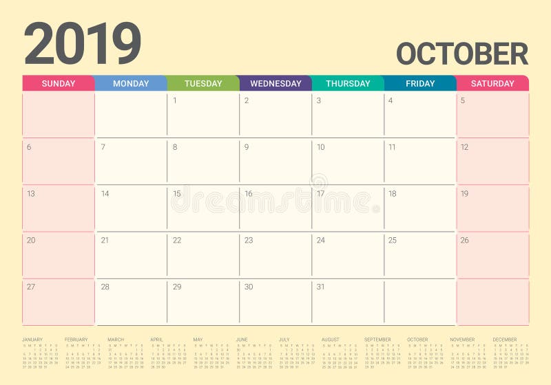 October 2019 Monthly Calendar Vector Illustration Stock Vector ...