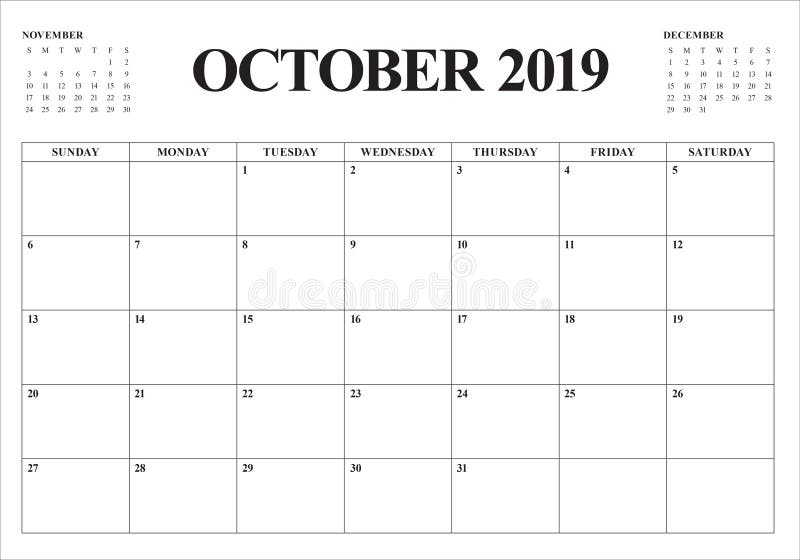 October 2019 Monthly Calendar Vector Illustration Stock Vector ...