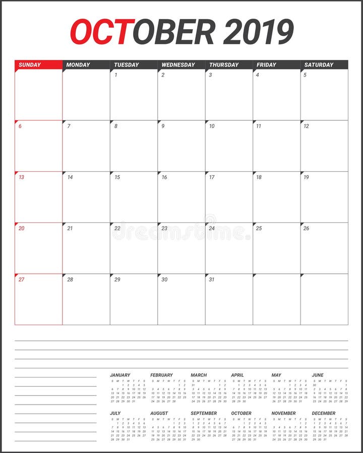 October 2019 Monthly Calendar Vector Illustration Stock Vector ...