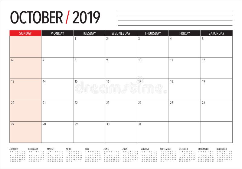 October 2019 Monthly Calendar Vector Illustration Stock Vector ...