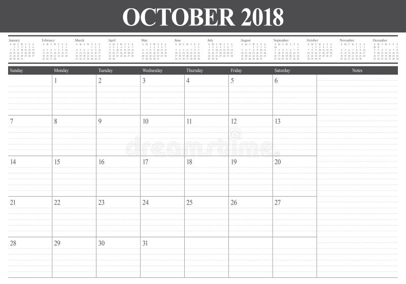 October 2018 Calendar Vector Illustration Stock Vector - Illustration ...