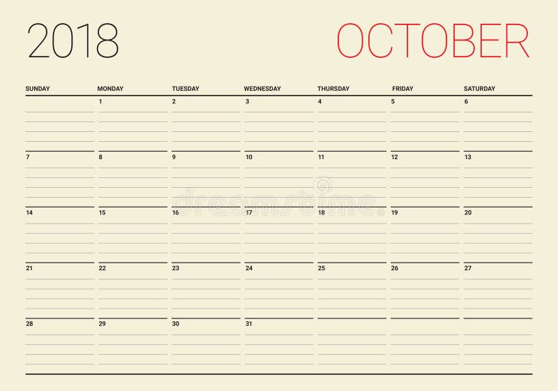 October 2018 Planner Calendar Vector Illustration Stock Vector ...