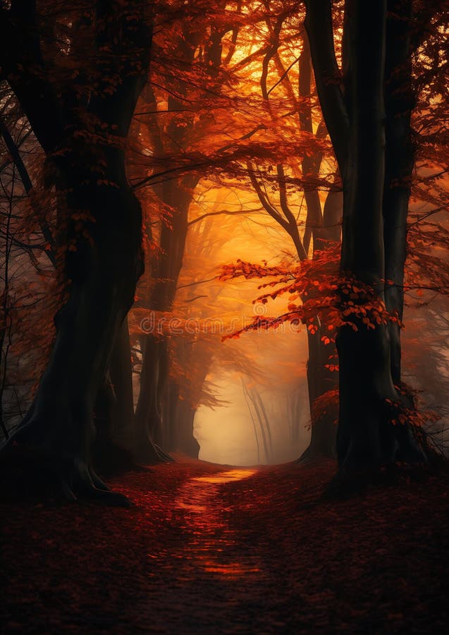 October S Fiery Palette: a Journey through a Foggy Forest Path Stock ...