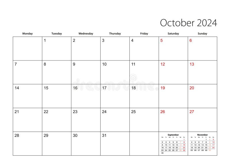 October 2024 Simple Calendar Planner, Week Starts from Monday Stock ...