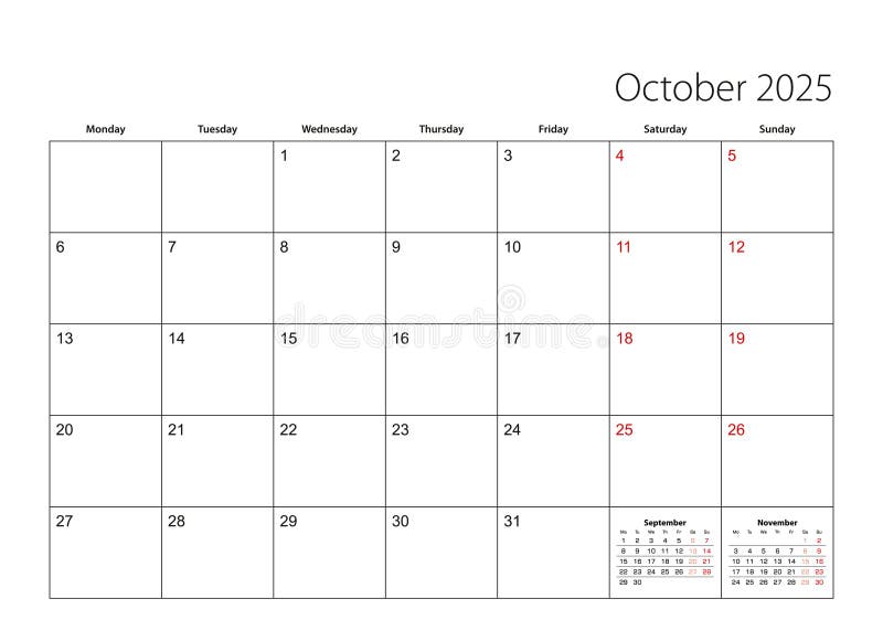 October 2025 Simple Calendar Planner, Week Starts from Monday Stock ...