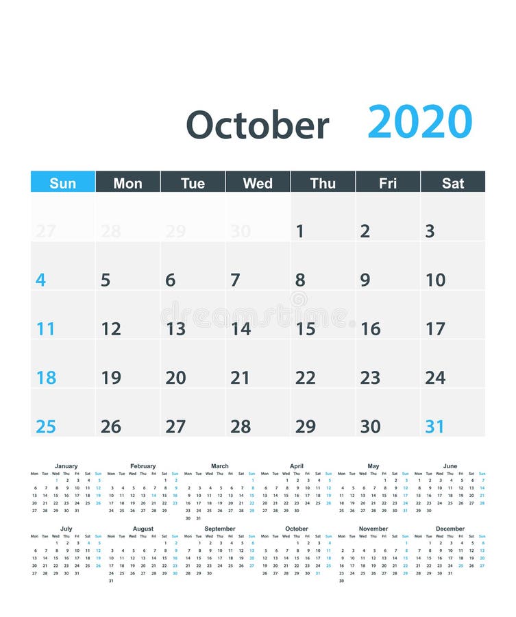 October 2020 wall calendar stock vector. Illustration of organize ...