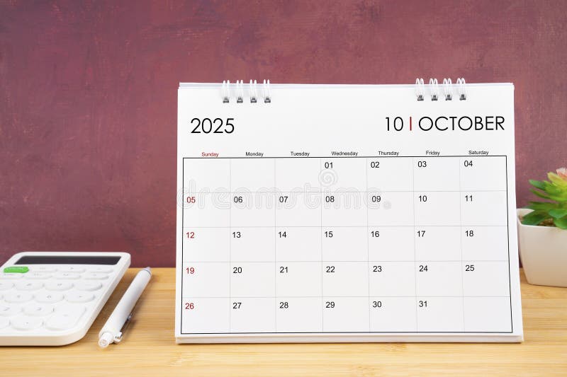 October 2025 White Calendar and Calculator with Pen Stock Image - Image ...