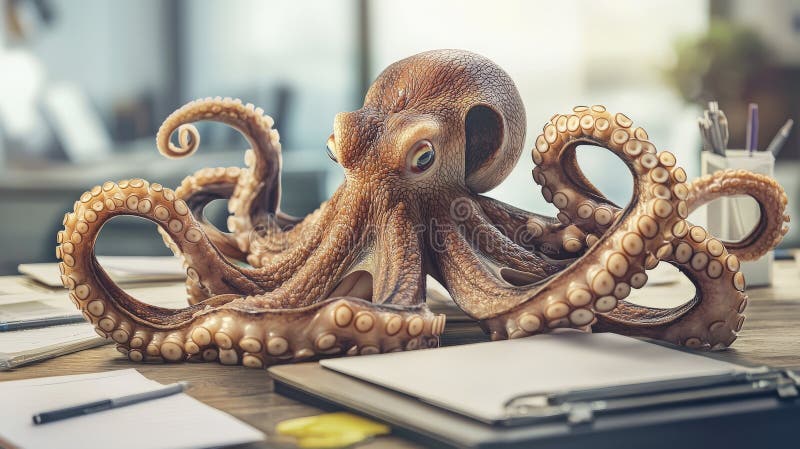 Octopus Amid Files and Notes on Office Table Stock Illustration ...