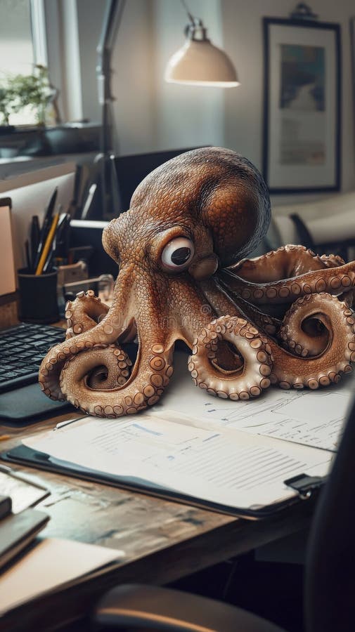 Octopus Analyzing Office Work at a Computer Desk Stock Illustration ...