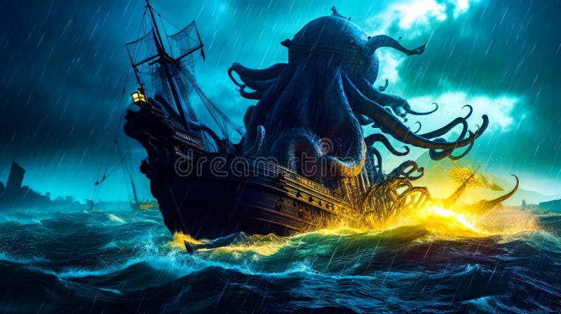 Octopus Attacking Ship in the Ocean with Light on it S Head. Generative ...