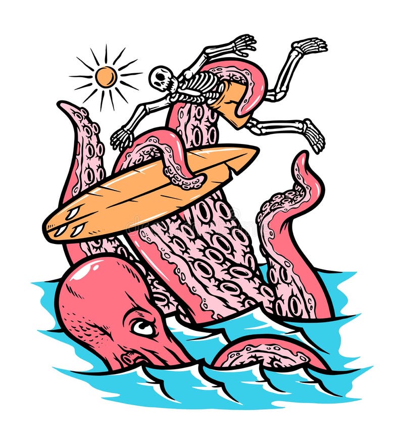Octopus Attacks Surfers Vector Illustration Stock Vector - Illustration ...