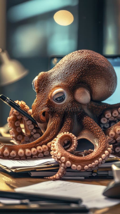 Octopus Balancing a Pen and Papers in Office Setting Stock Illustration ...