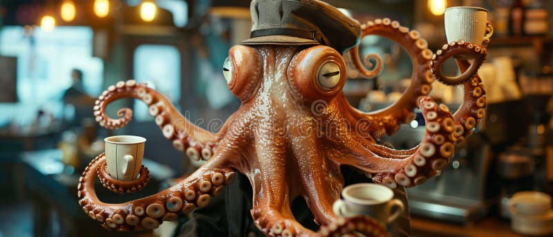 Octopus Barista Juggling Coffee Cups at a Trendy Seaside Cafe ...