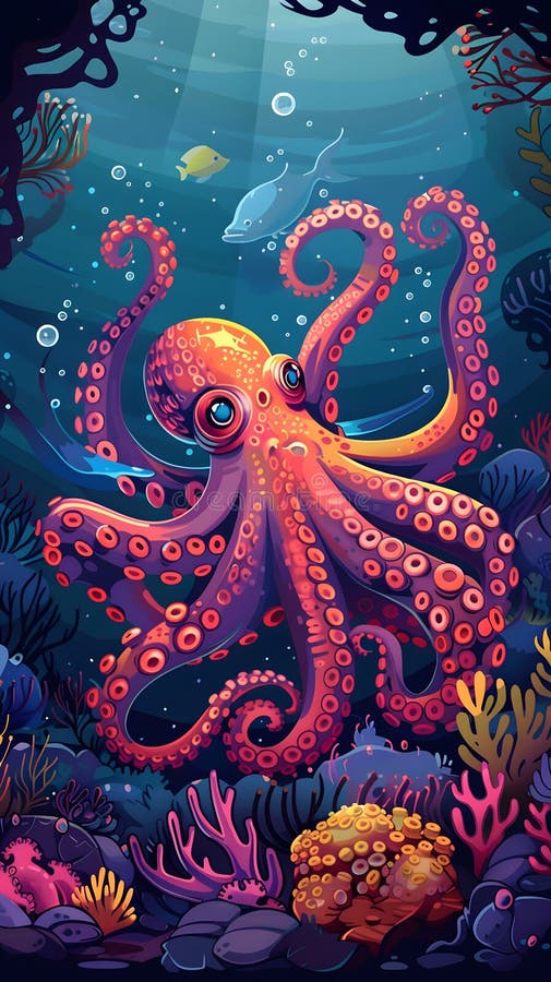 Octopus and Beautiful Underwater Scenery, Underwater Scene with ...