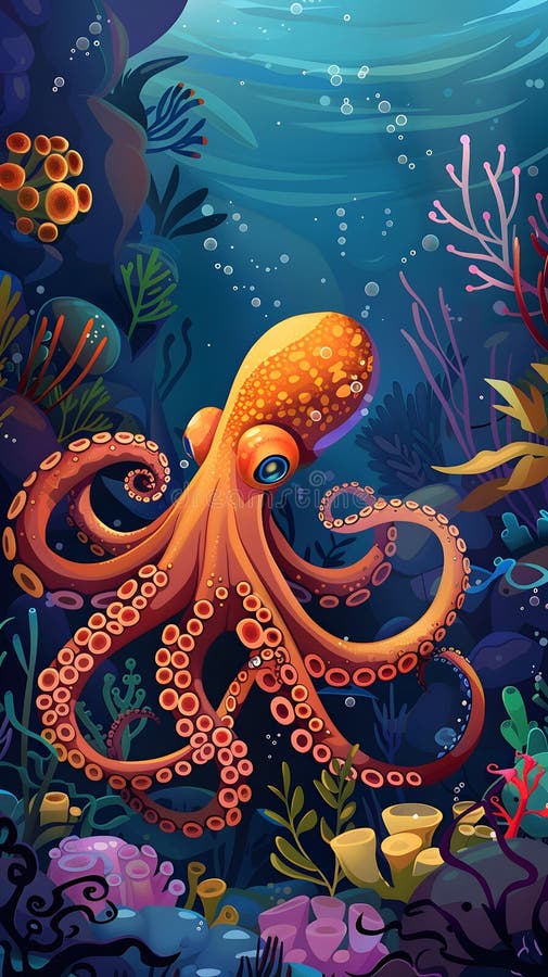 Octopus and Beautiful Underwater Scenery, Underwater Scene with ...