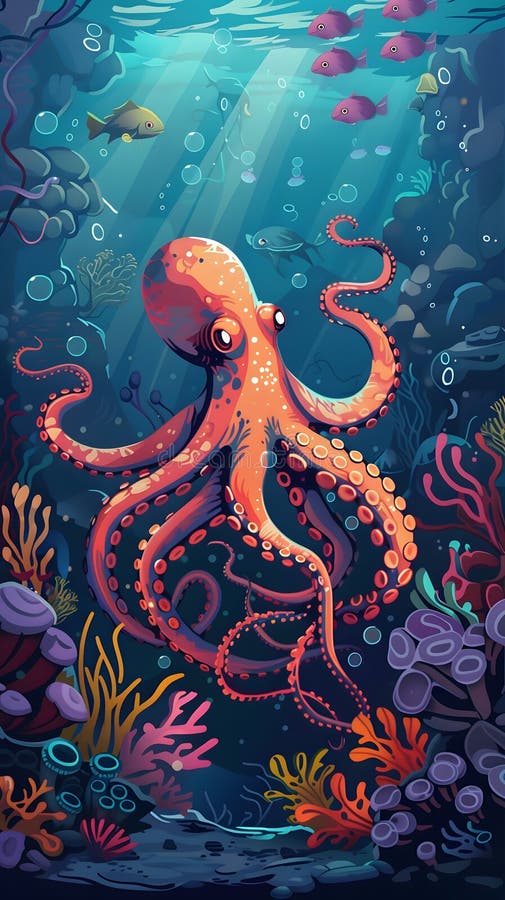 Octopus and Beautiful Underwater Scenery, Underwater Scene with ...