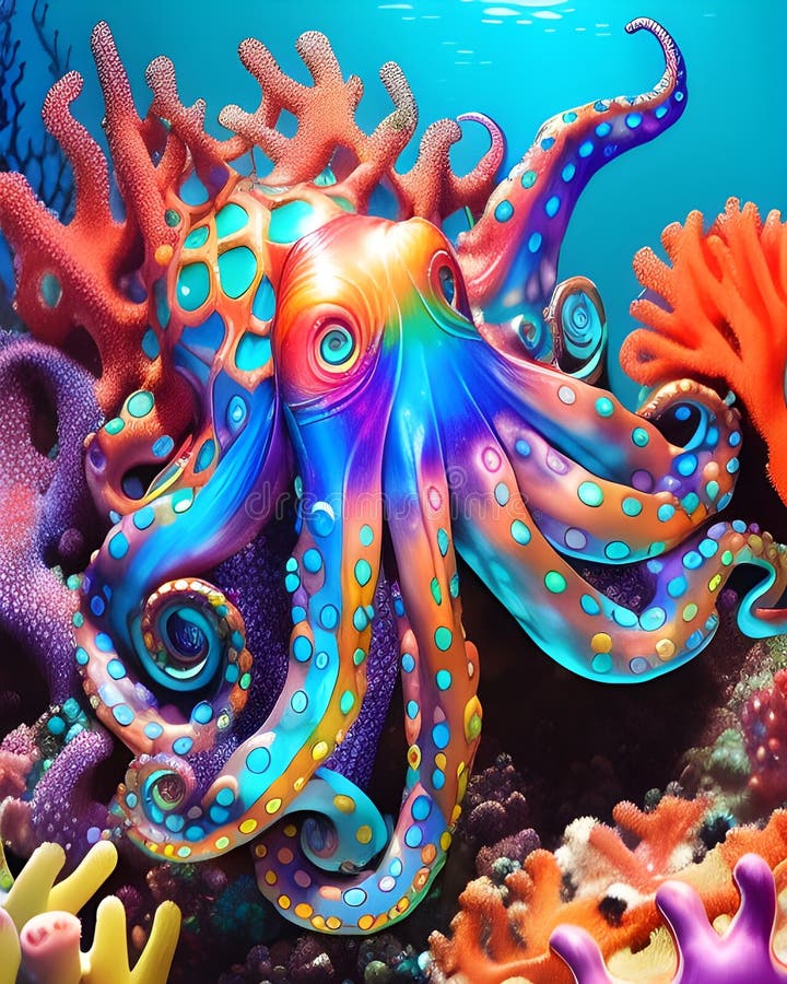 Octopus Blending in with Coral Stock Illustration - Illustration of ...