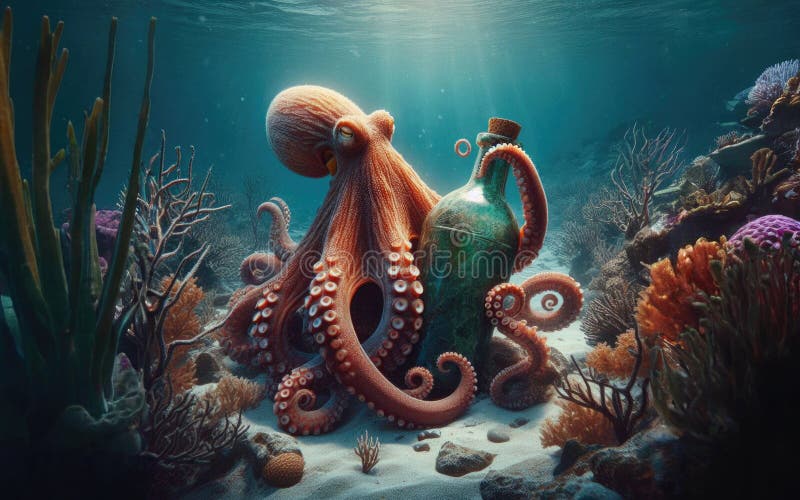 An Octopus at the Bottom of the Ocean, Near the Reef Holding a Bottle ...
