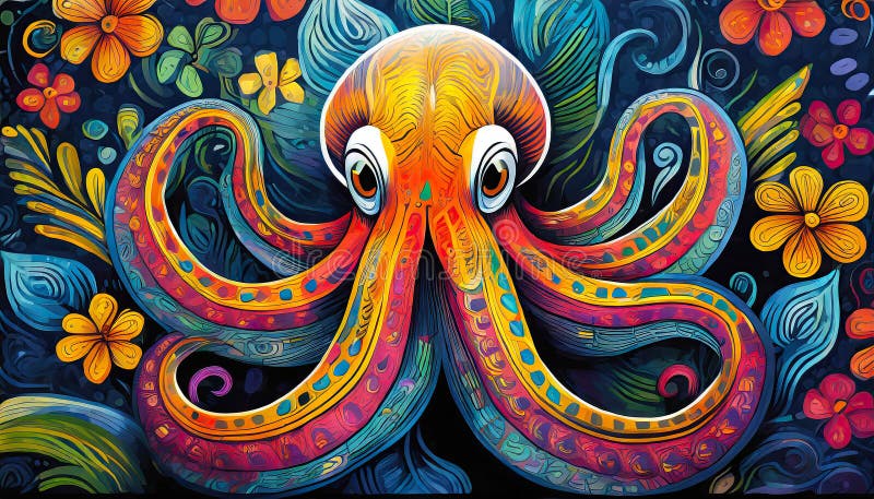 Octopus Bright Colorful and Vibrant Poster Illustration Stock ...
