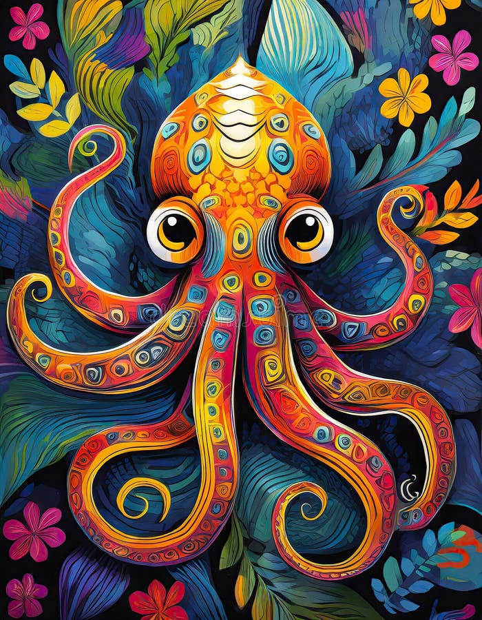 Octopus Bright Colorful and Vibrant Poster Illustration Stock ...