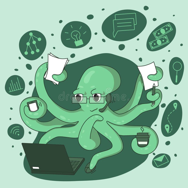 Octopus-businessman is Actively Working on a Laptop. Stock Vector ...