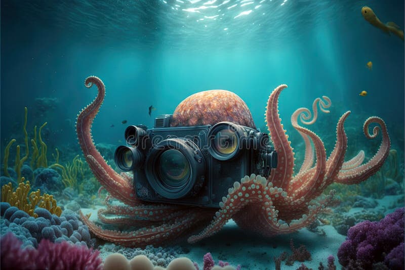Octopus with Camera Underwater Illustration, Generative Ai Stock ...