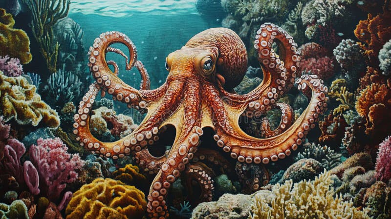 Octopus Camouflaged Against a Coral Reef, Its Tentacles Blending Stock ...