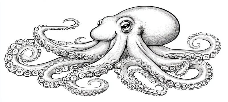 Octopus with a Cartoonishly Large Head Outlined on Transparent ...
