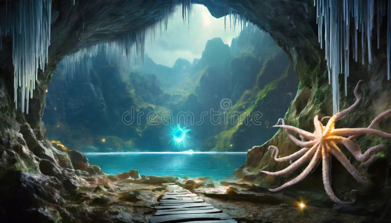 Octopus in cave with lake stock illustration. Illustration of person ...