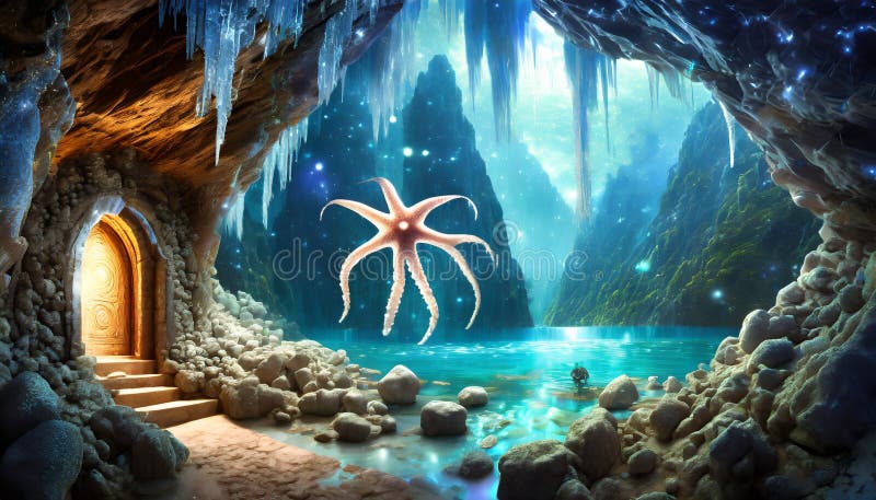 Octopus in cave with lake stock illustration. Illustration of cover ...