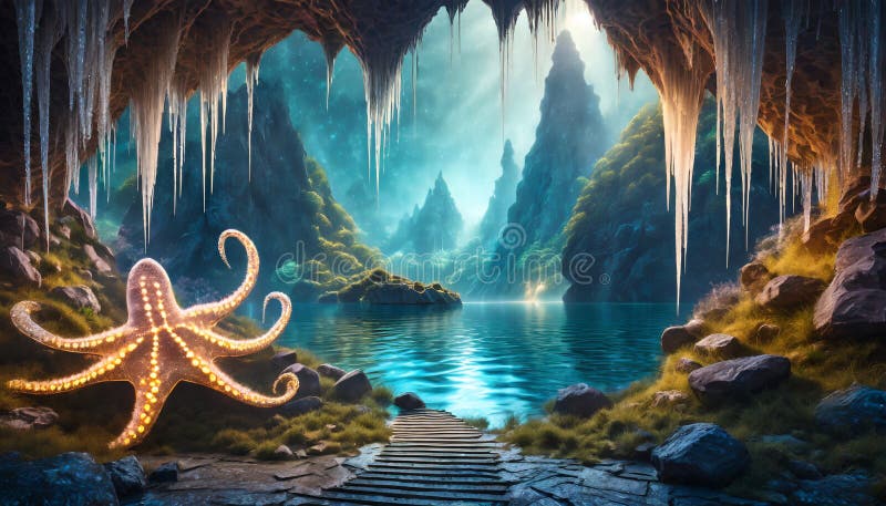 Octopus in cave with lake stock illustration. Illustration of suitable ...