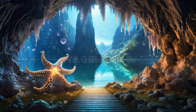 Octopus in cave with lake stock illustration. Illustration of person ...