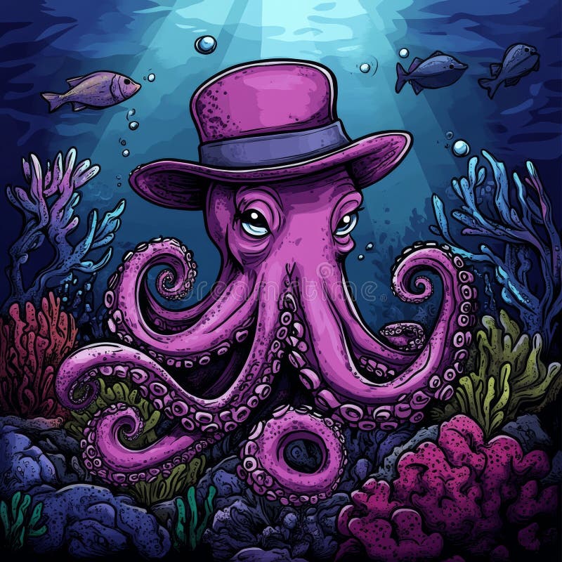 An Octopus with a Cheerful Expression, Wearing a Sombrero, in an ...