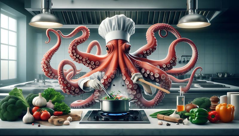 Octopus Chef Cooking in a Modern Kitchen Stock Illustration ...