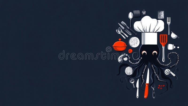 Octopus Chef: Culinary Artist with Kitchen Utensils on Dark Blue ...