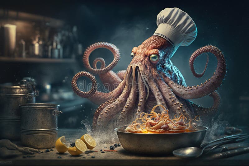 Octopus Chef Prepares Food in a Restaurant, Quirky and Creative. Stock ...