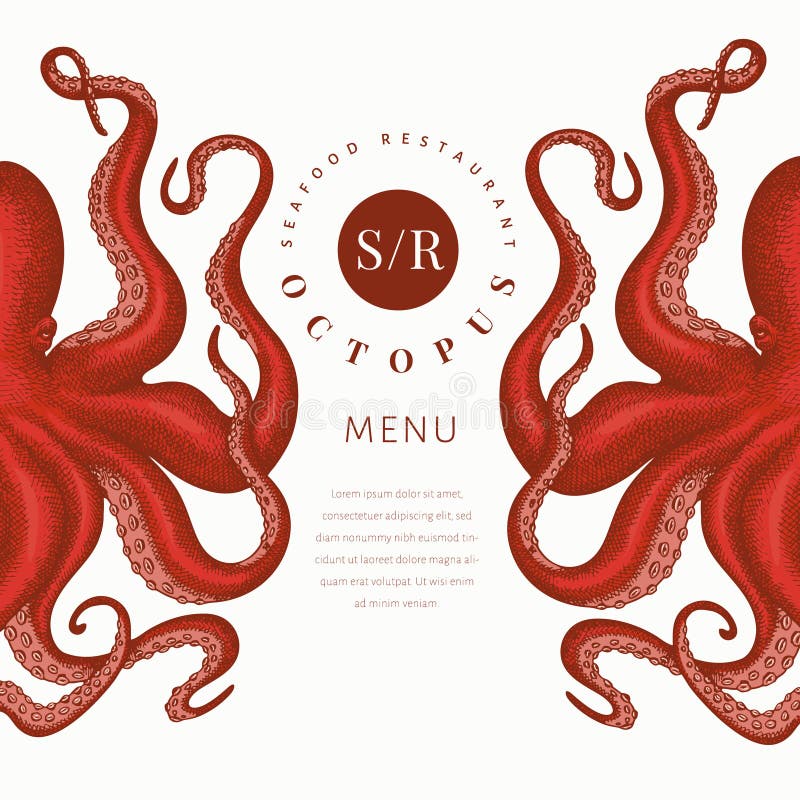 Octopus Colored Banner Template. Hand Drawn Vector Seafood Illustration ...