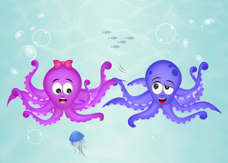 Octopus Couple in the Ocean Stock Illustration - Illustration of nature ...