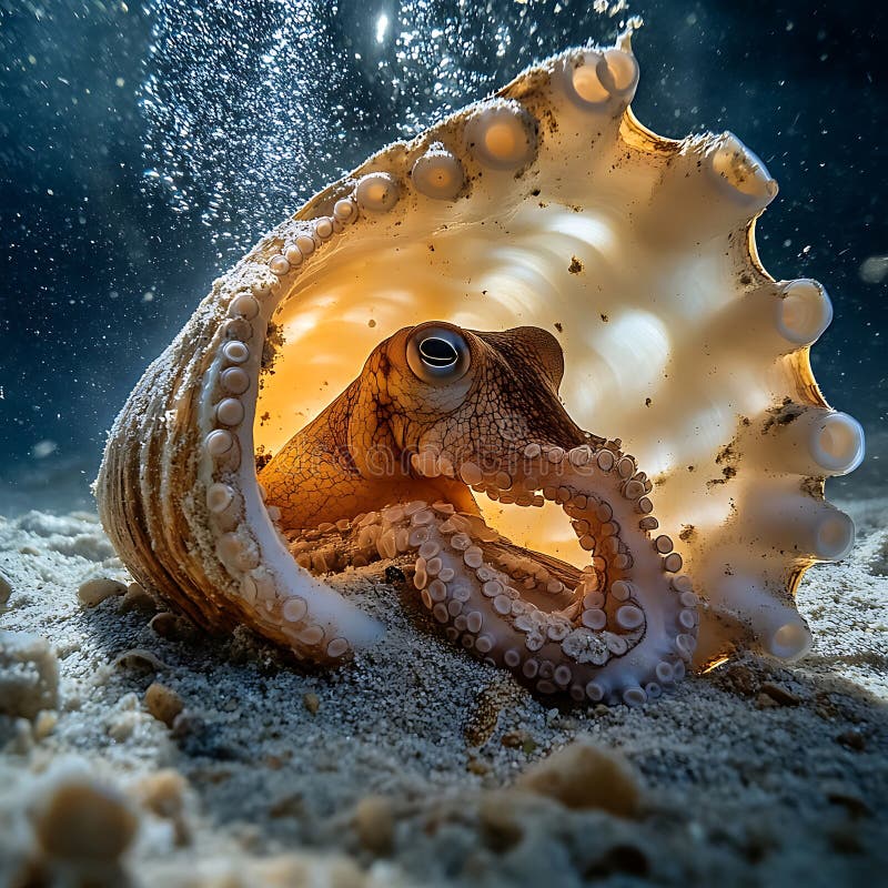Curious Octopus Peeking from Shell Underwater Stock Photo - Image of ...